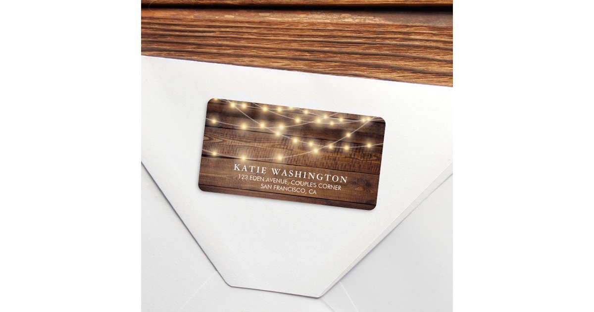 Rustic Wood & String Lights | Vintage Lace Wedding Label | Zazzle
