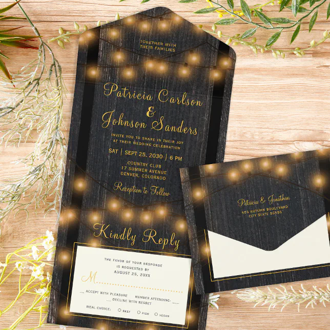Rustic wood string lights wedding all in one invitation | Zazzle