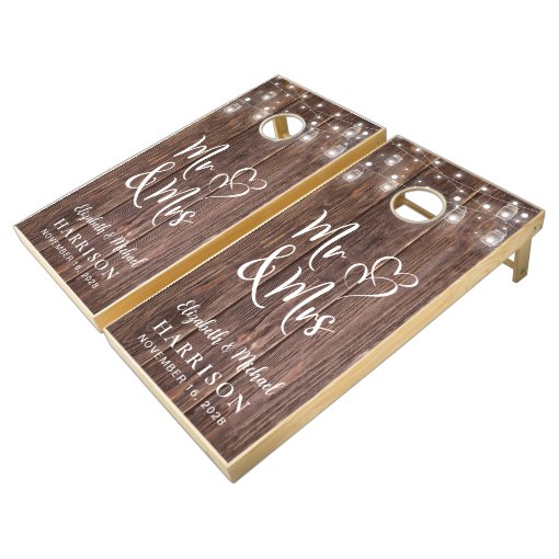 Rustic Wood String Lights Wedding Cornhole Set | Zazzle
