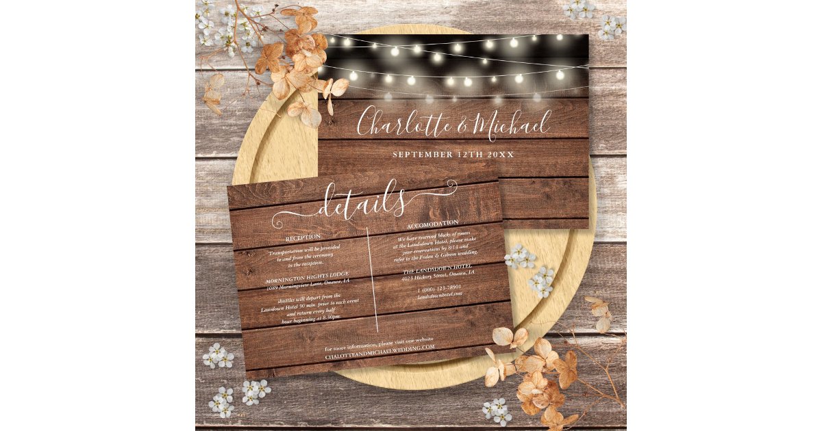 Rustic Wood String Lights Wedding Details Invitation | Zazzle