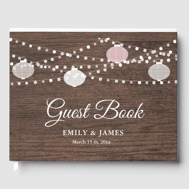 Rustic wood string lights wedding guest book | Zazzle