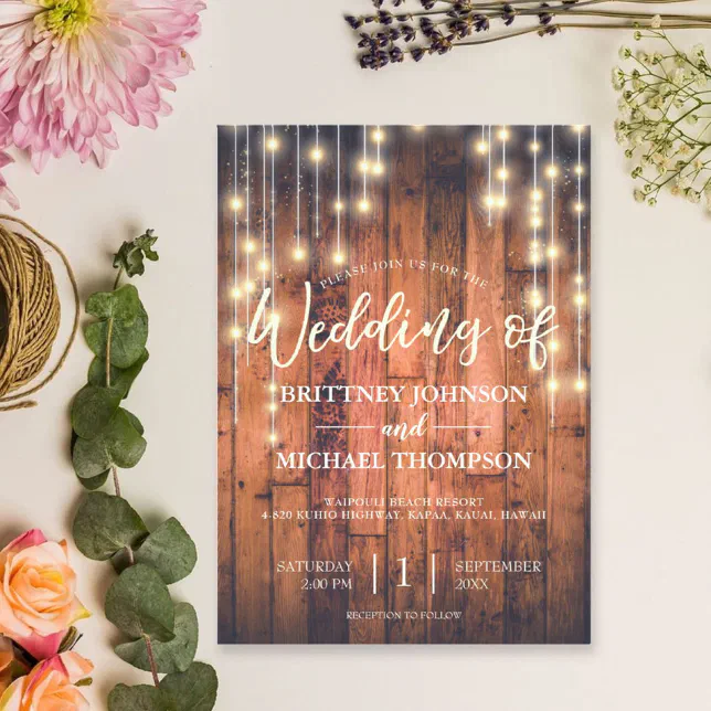 Rustic Wood String Lights Wedding Invitation | Zazzle