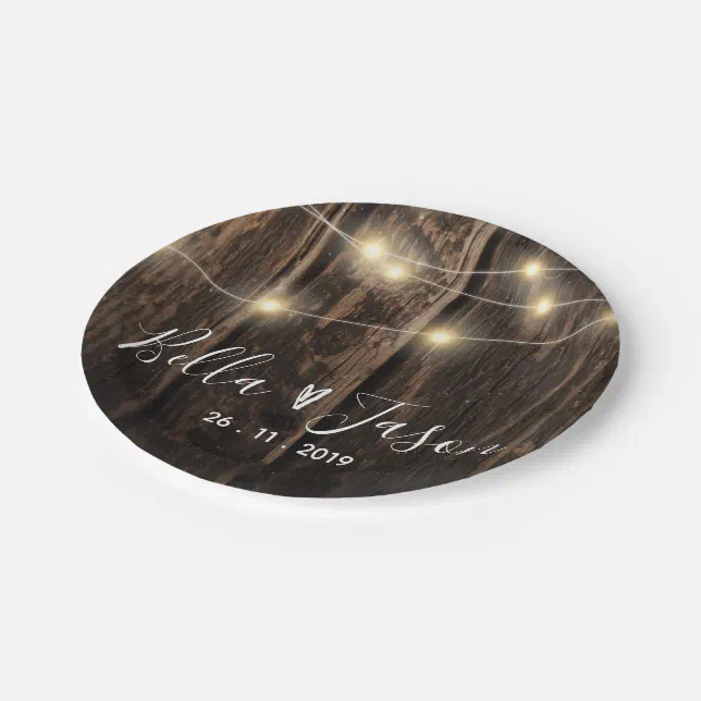 Rustic Wood String Lights Wedding Paper Plate | Zazzle