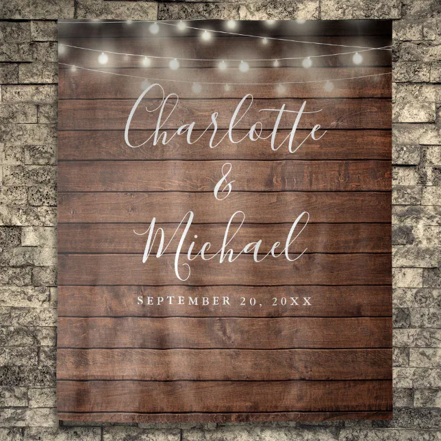 Rustic Wood String Lights Wedding Photo Backdrop | Zazzle