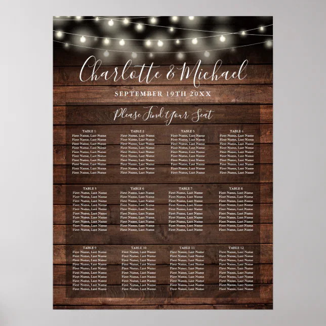 Rustic Wood String Lights Wedding Seating Chart | Zazzle