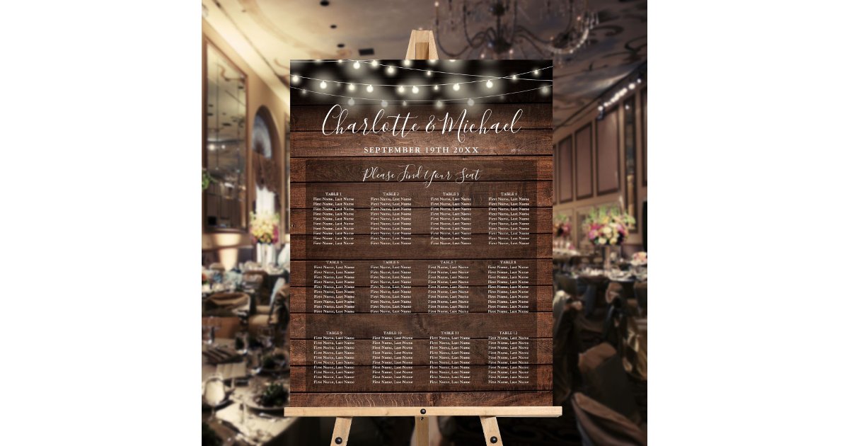 Rustic Wood String Lights Wedding Seating Chart Foam Board | Zazzle