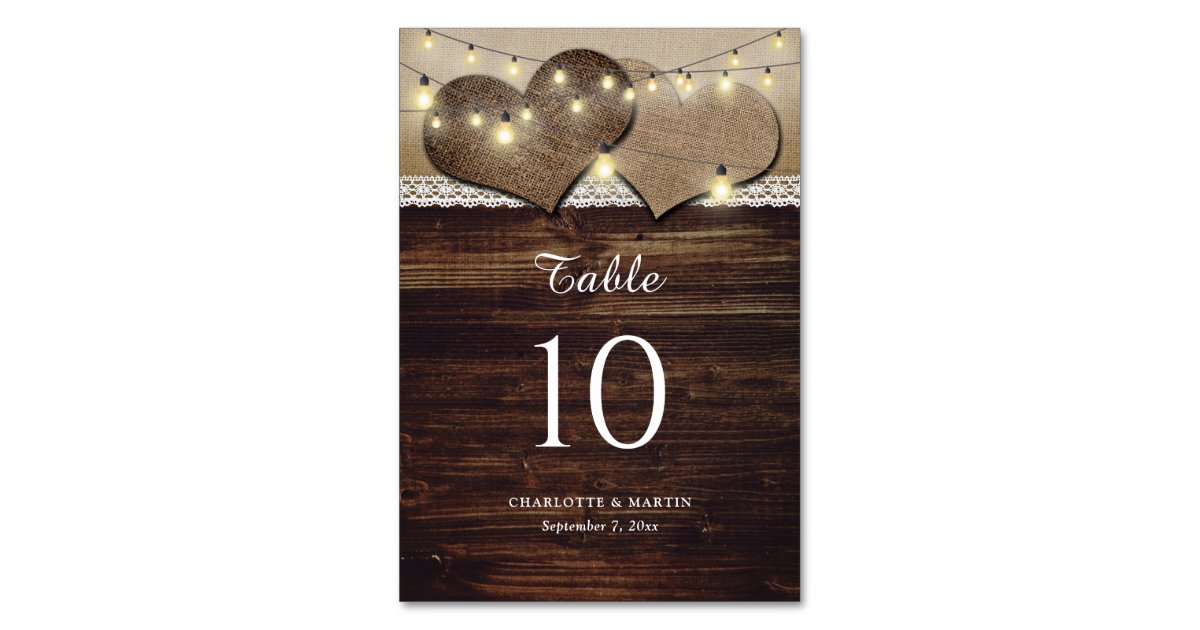 Rustic Wood String Lights Wedding Table Number | Zazzle