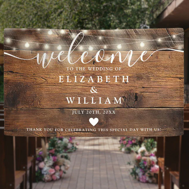 Rustic Wood String Lights Wedding Welcome Banner | Zazzle