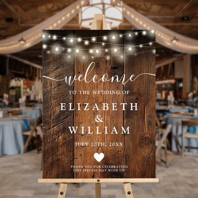 Rustic Wood String Lights Wedding Welcome Sign | Zazzle