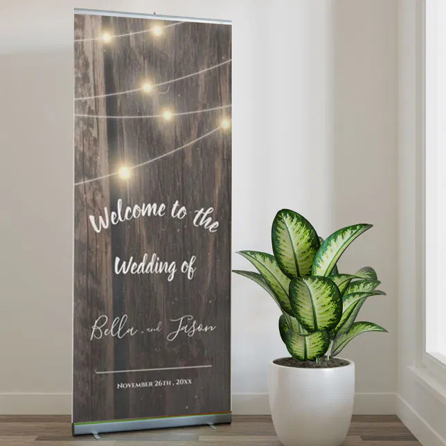 Rustic Wood String Lights Welcome To Our Wedding Retractable Banner ...
