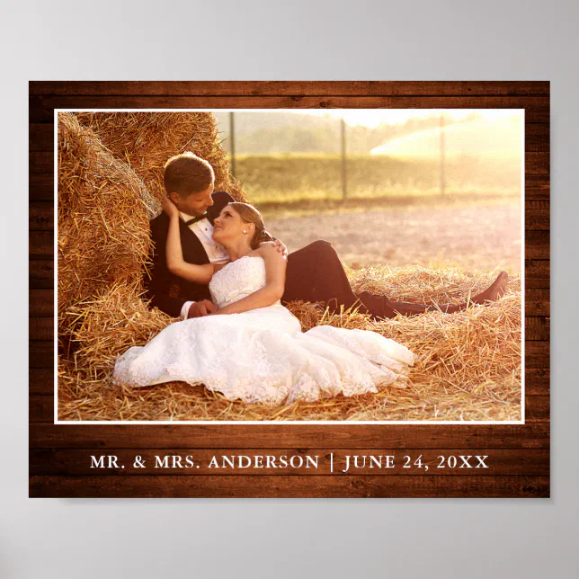 Rustic Wood Style Wedding Photo Poster | Zazzle