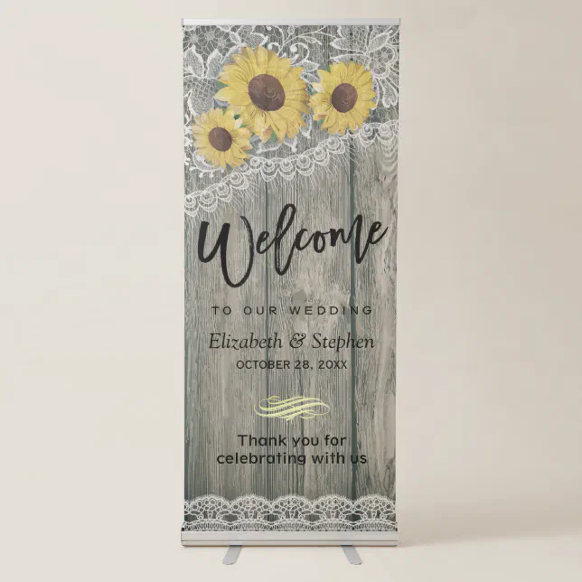 Rustic Wood Sunflower Elegant Lace Wedding Welcome Retractable Banner ...
