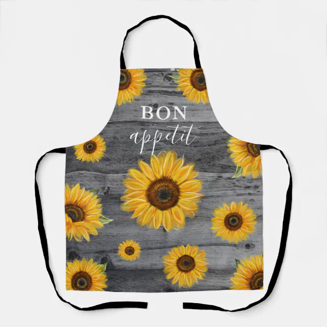 Rustic Wood Sunflower Floral Bon Appetit Chef Apron | Zazzle