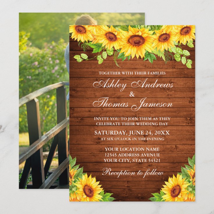 Rustic Wood Sunflower Floral Greenery Photo Invitation | Zazzle