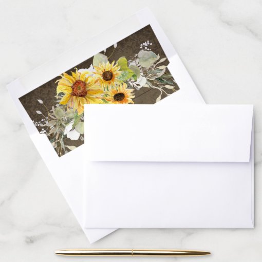 Rustic Wood Sunflower Floral Watercolor Greenery Envelope Liner | Zazzle