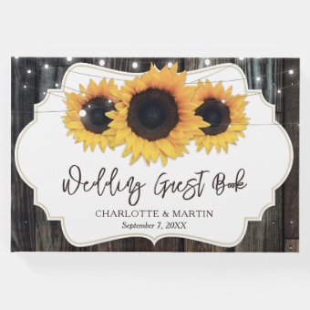 Rustic Wood Sunflower Floral Wedding Guest Book | Zazzle