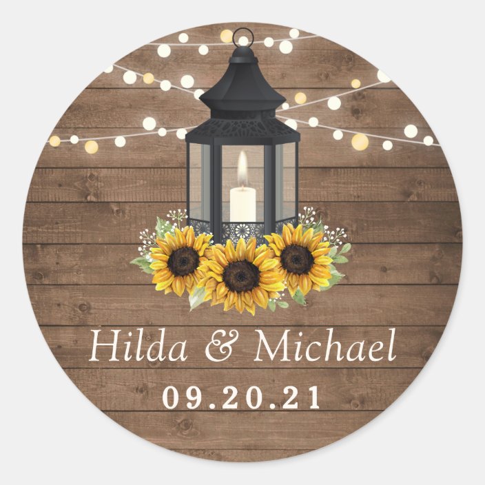 Rustic Wood Sunflower Lantern String Lights Classic Round Sticker ...