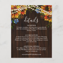 Rustic Wood Sunflower Lights Cursive Details Card | Zazzle