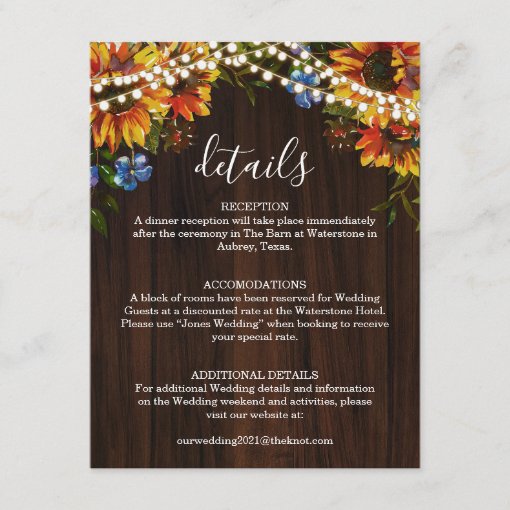 Rustic Wood Sunflower Lights Cursive Details Card | Zazzle