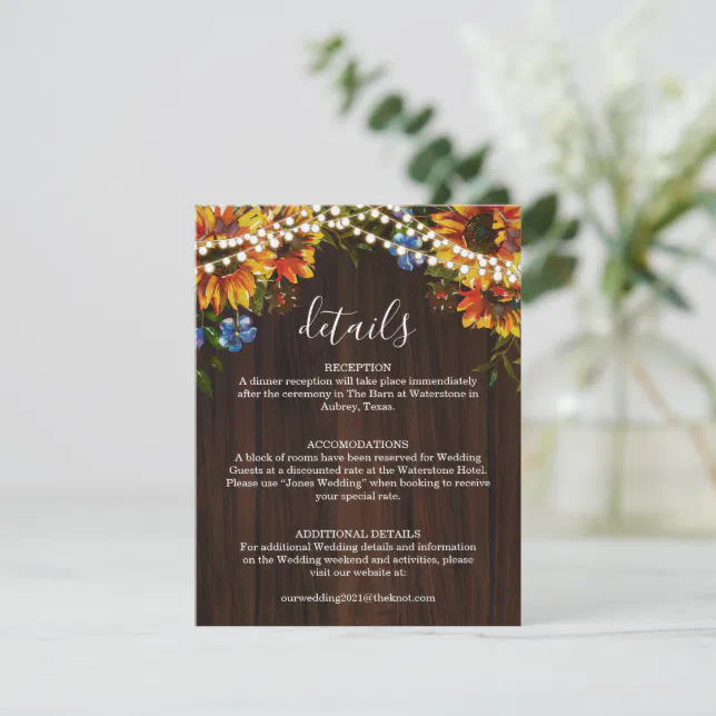 Rustic Wood Sunflower Lights Cursive Details Card | Zazzle