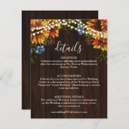 Rustic Wood Sunflower Lights Cursive Details Card | Zazzle