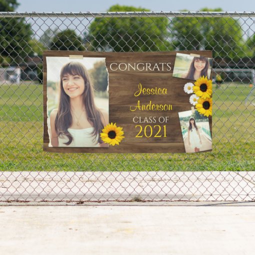 Rustic Wood Sunflower Photo Template Graduation Banner | Zazzle