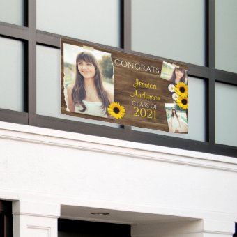 Rustic Wood Sunflower Photo Template Graduation Banner | Zazzle