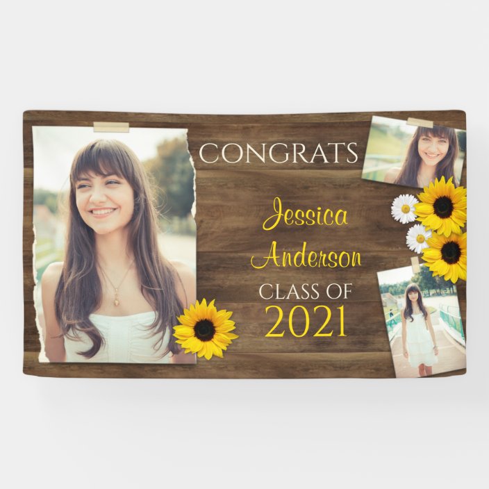 Rustic Wood Sunflower Photo Template Graduation Banner | Zazzle.com