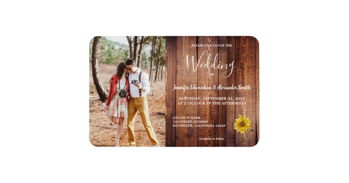 Rustic wood sunflower photo Wedding invitation Magnet | Zazzle