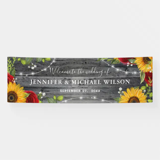 Rustic Wood Sunflower Red Rose Welcome Wedding Banner | Zazzle