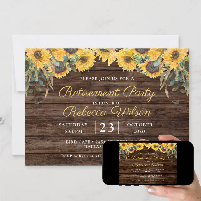 Rustic Wood Sunflower Retirement Party Invitation | Zazzle