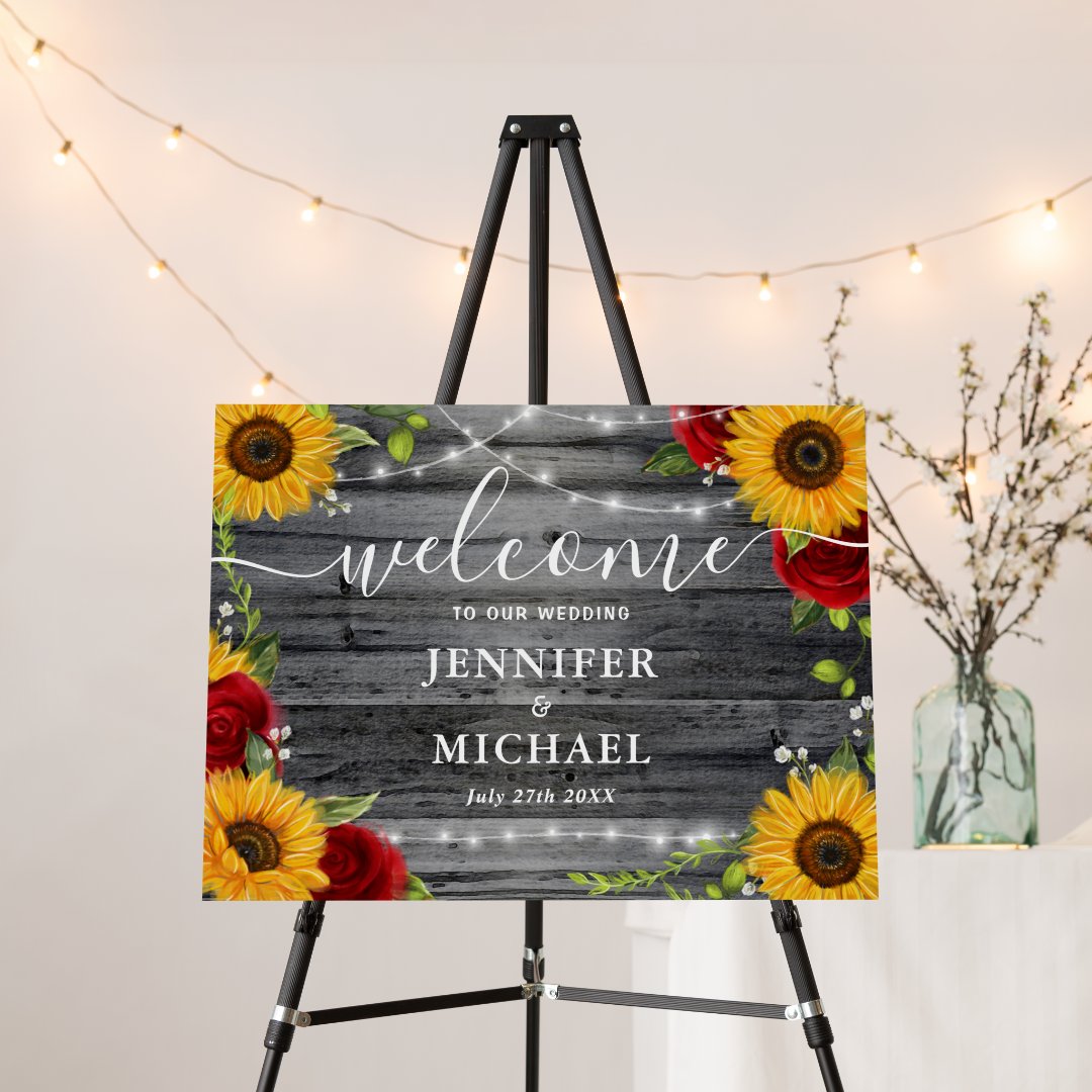 Rustic Wood Sunflower Rose Welcome Wedding Foam Board | Zazzle