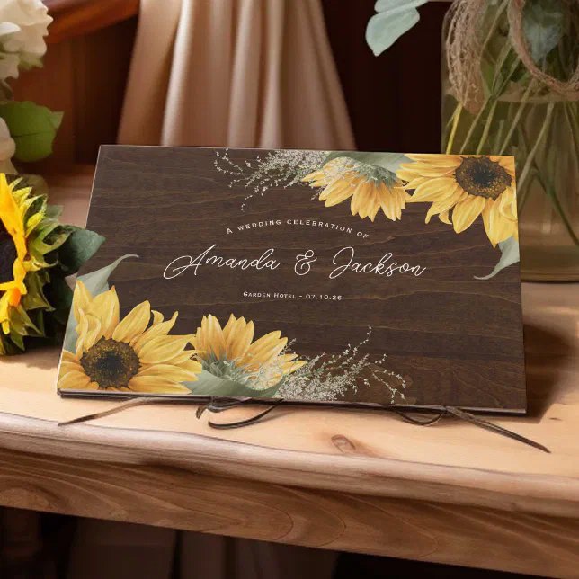 Rustic Wood Sunflower Themed Wedding Guest Book | Zazzle