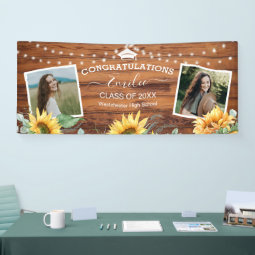 Rustic Wood Sunflower Two Photo Graduation Banner | Zazzle