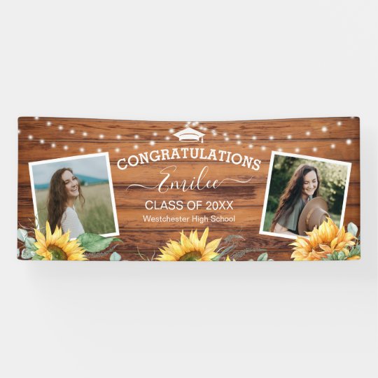 Rustic Wood Sunflower Two Photo Graduation Banner | Zazzle.com