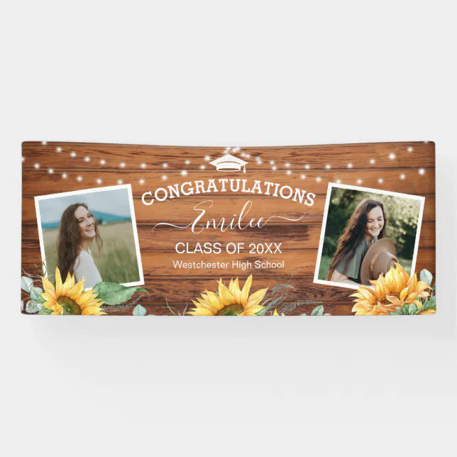 Rustic Wood Sunflower Two Photo Graduation Banner | Zazzle