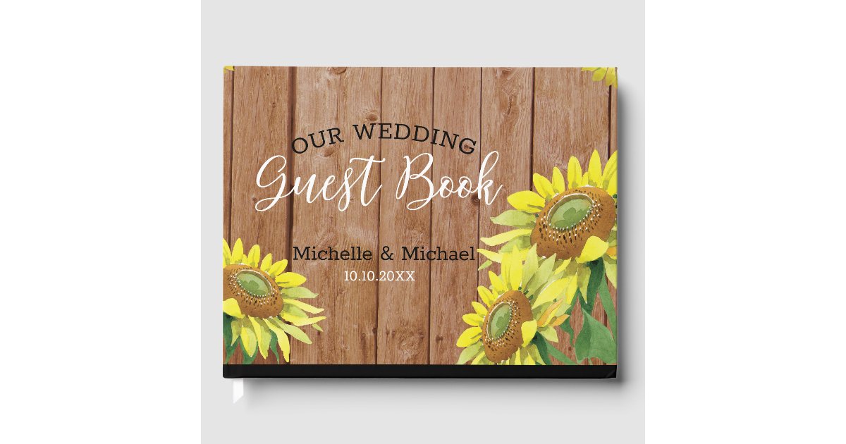 Rustic Wood Sunflower Wedding Couple Photo Guest Book | Zazzle