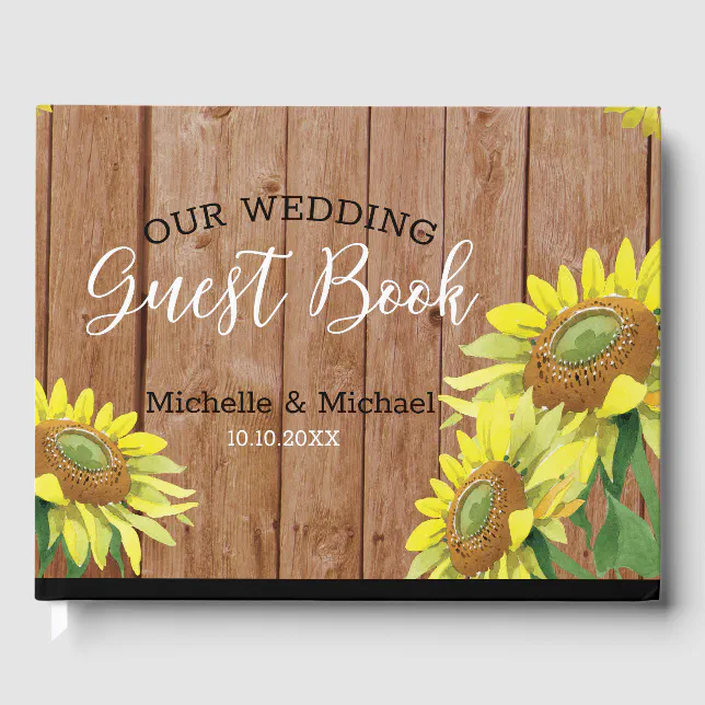 Rustic Wood Sunflower Wedding Couple Photo Guest Book | Zazzle