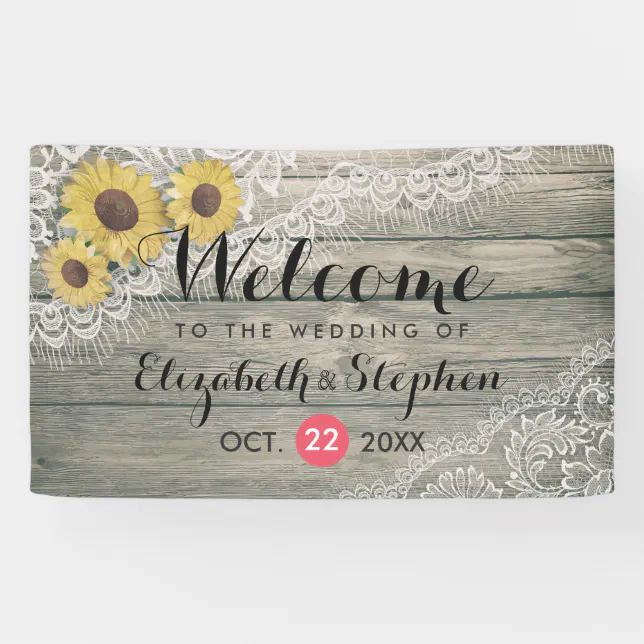 Rustic Wood Sunflowers Elegant Lace Wedding Banner | Zazzle