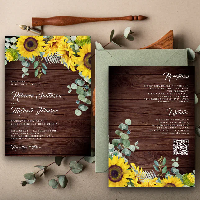 Rustic Wood Sunflowers Eucalyptus QR Code Wedding Invitation | Zazzle