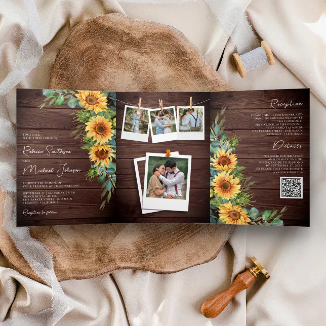 Rustic Wood Sunflowers Eucalyptus QR Code Wedding Tri-Fold Invitation ...