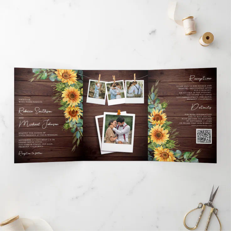 Rustic Wood Sunflowers Eucalyptus QR Code Wedding Tri-Fold Invitation ...