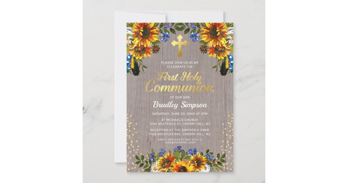Rustic Wood Sunflowers First Holy Communion Invitation | Zazzle