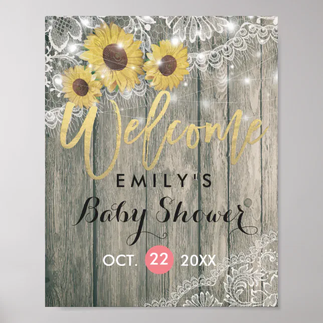 Rustic Wood Sunflowers Lace Baby Shower Welcome Poster | Zazzle