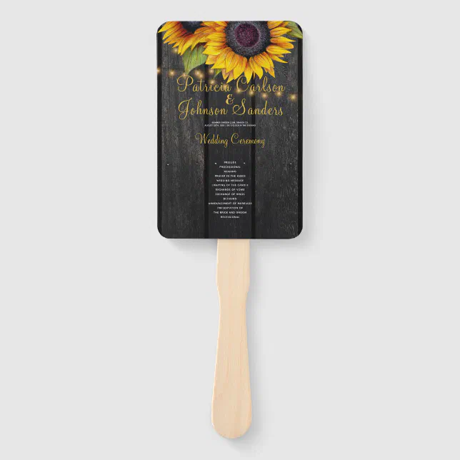 Rustic wood sunflowers lights wedding ceremony hand fan | Zazzle