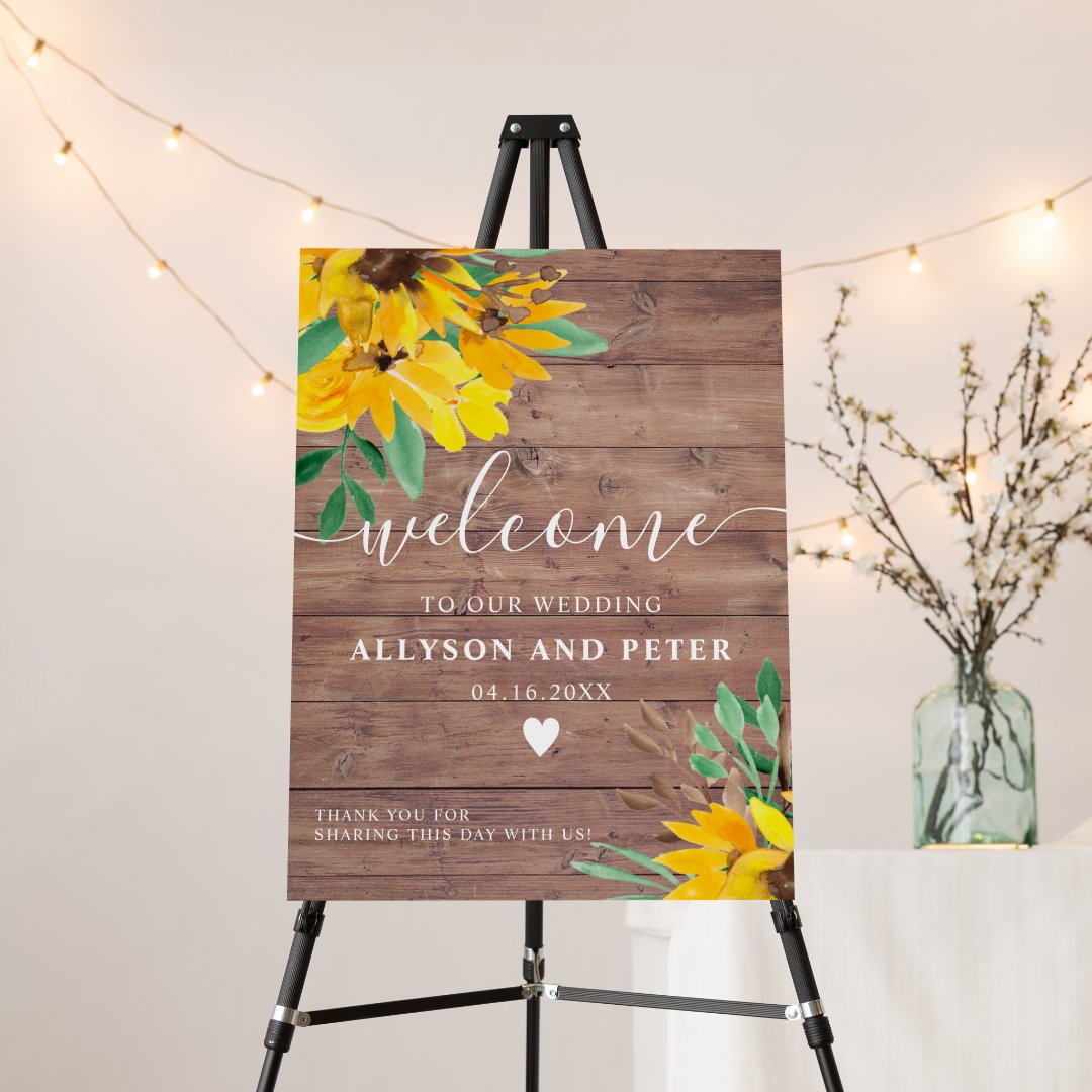 Rustic wood sunflowers photo wedding welcome foam board | Zazzle