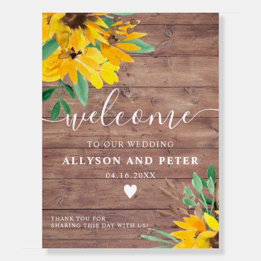 Rustic wood sunflowers photo wedding welcome foam board | Zazzle