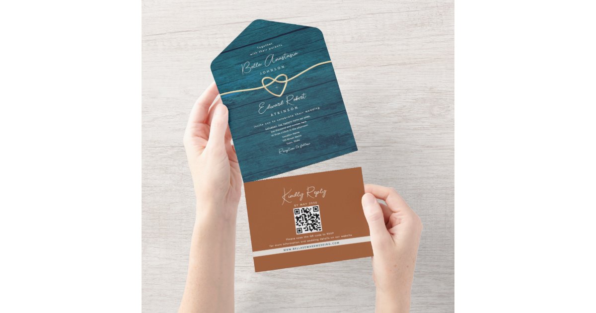 Rustic Wood Teal and Terracotta Wedding All In One Invitation | Zazzle