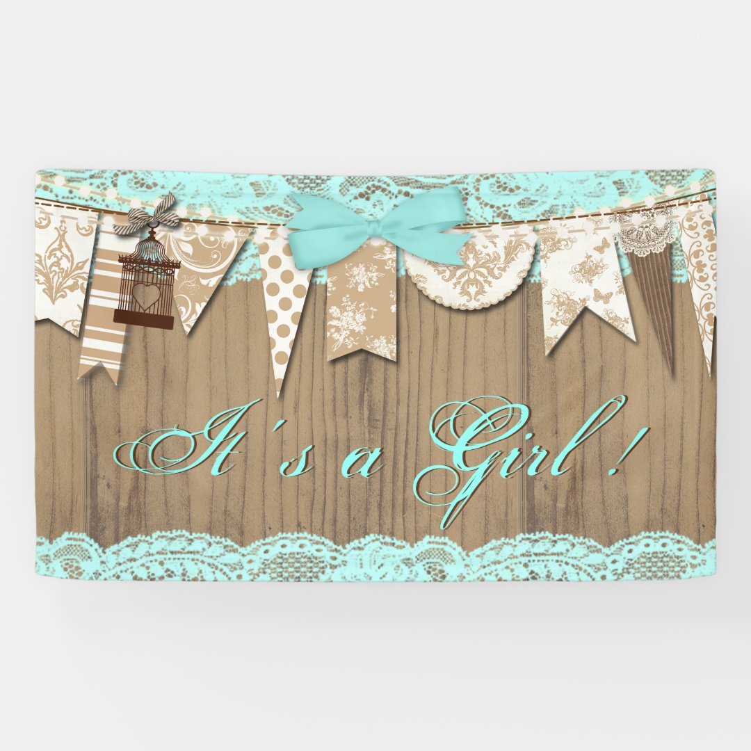 Rustic Wood Teal Blue Lace Girl Baby Shower Banner | Zazzle