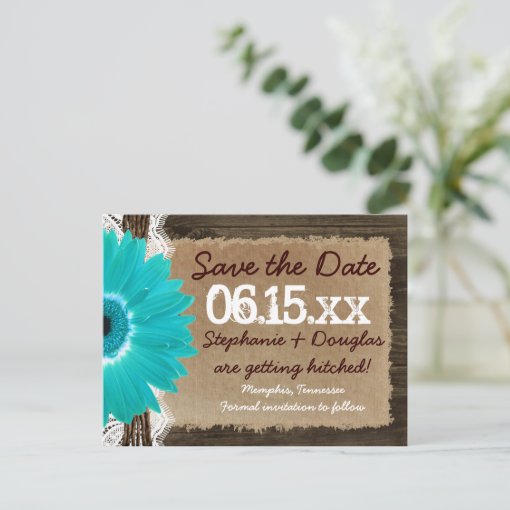 Rustic Wood Teal Daisy Save the Date Postcards | Zazzle